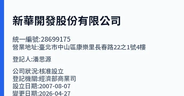 新華開發股份有限公司的照片-統編 28699175(臺北市) 公司登記資料與營業項目詳細圖表