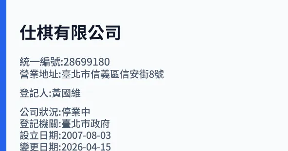 仕棋有限公司的照片-統編 28699180(臺北市) 公司登記資料與營業項目詳細圖表