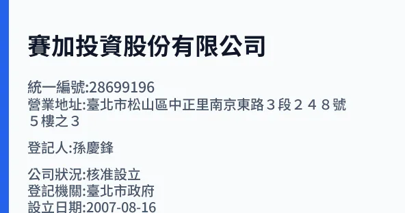 賽加投資股份有限公司的照片-統編 28699196(臺北市) 公司登記資料與營業項目詳細圖表
