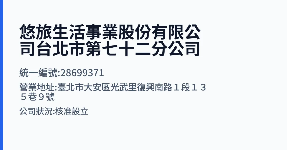 悠旅生活事業股份有限公司台北市第七十二分公司 - 統編 28699371(臺北市) 公司登記資料與營業項目詳細圖表