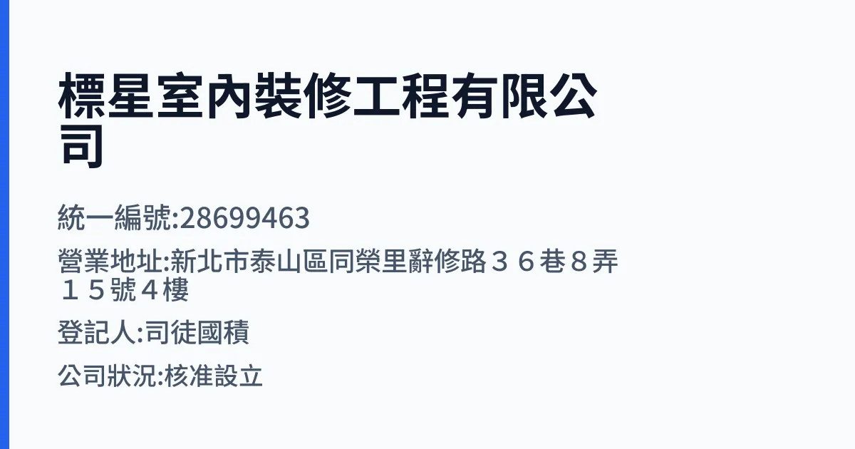 標星室內裝修工程有限公司 - 統編 28699463(新北市) 公司登記資料與營業項目詳細圖表