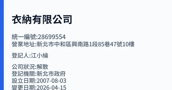 衣納有限公司的照片-統編 28699554(新北市) 公司登記資料與營業項目詳細圖表