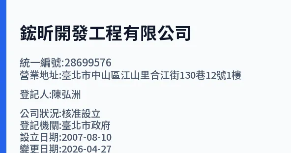 鋐昕開發工程有限公司的照片-統編 28699576(臺北市) 公司登記資料與營業項目詳細圖表