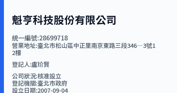 魁亨科技股份有限公司的照片-統編 28699718(臺北市) 公司登記資料與營業項目詳細圖表