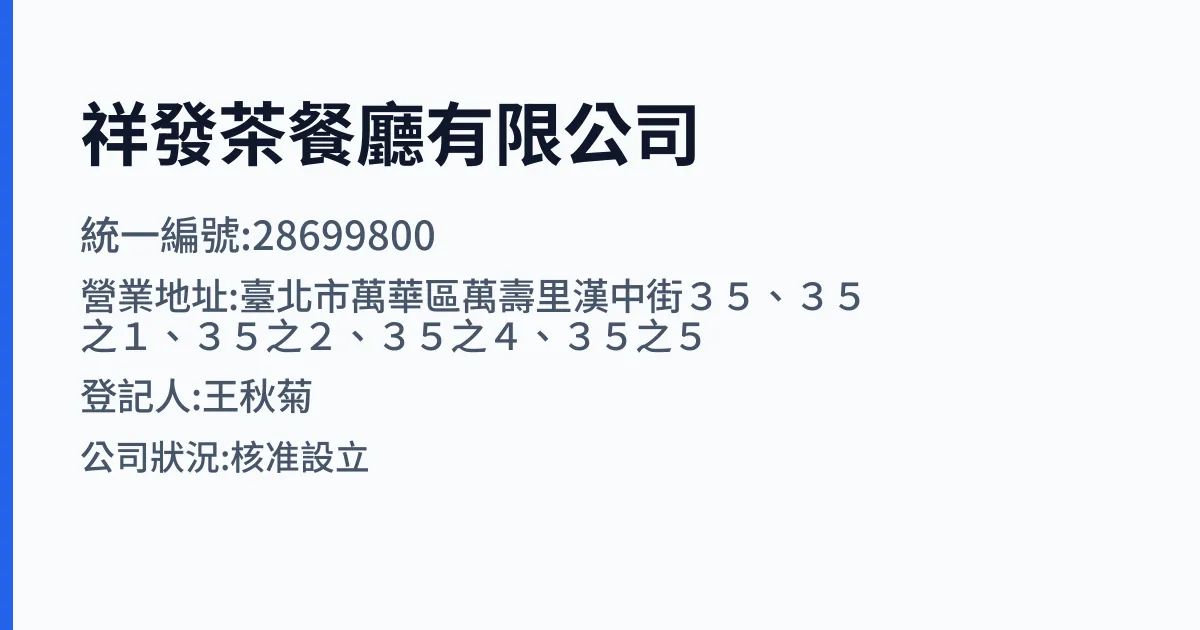 祥發茶餐廳有限公司 - 統編 28699800(臺北市) 公司登記資料與營業項目詳細圖表