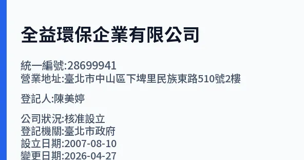 全益環保企業有限公司的照片-統編 28699941(臺北市) 公司登記資料與營業項目詳細圖表