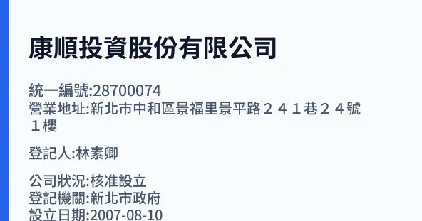 康順投資股份有限公司的照片-統編 28700074(新北市) 公司登記資料與營業項目詳細圖表