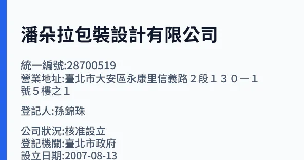 潘朵拉包裝設計有限公司的照片-統編 28700519(臺北市) 公司登記資料與營業項目詳細圖表