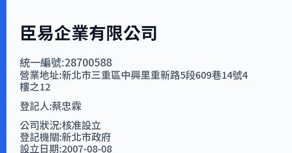 臣易企業有限公司的照片-統編 28700588(新北市) 公司登記資料與營業項目詳細圖表