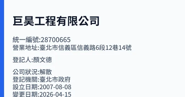 巨昊工程有限公司的照片-統編 28700665(臺北市) 公司登記資料與營業項目詳細圖表