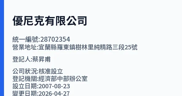 優尼克有限公司的照片-統編 28702354(宜蘭縣) 公司登記資料與營業項目詳細圖表