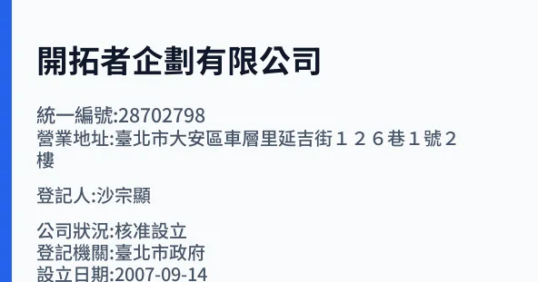 開拓者企劃有限公司的照片-統編 28702798(臺北市) 公司登記資料與營業項目詳細圖表