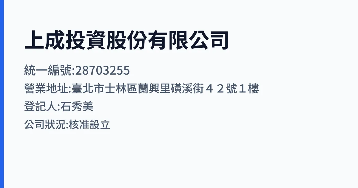 上成投資股份有限公司 - 統編 28703255(臺北市) 公司登記資料與營業項目詳細圖表