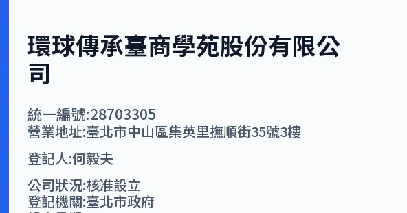 環球傳承臺商學苑股份有限公司的照片-統編 28703305(臺北市) 公司登記資料與營業項目詳細圖表