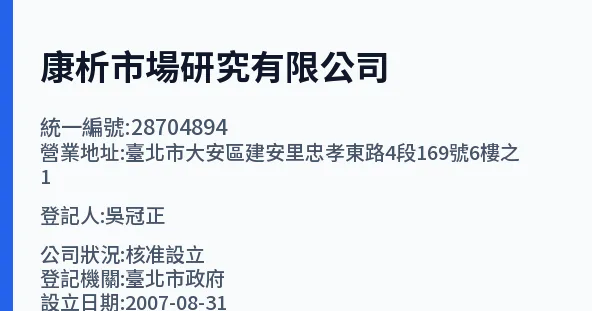 康析市場研究有限公司的照片-統編 28704894(臺北市) 公司登記資料與營業項目詳細圖表