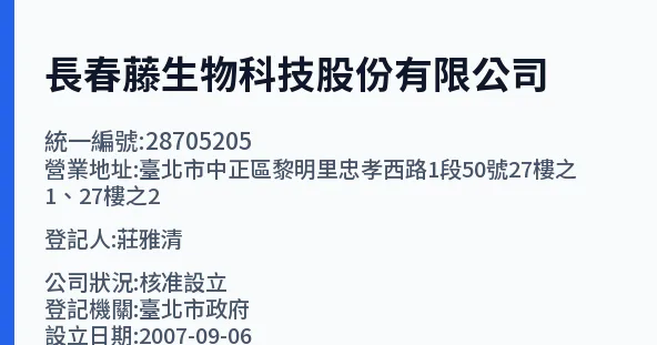 長春藤生物科技股份有限公司的照片-統編 28705205(臺北市) 公司登記資料與營業項目詳細圖表