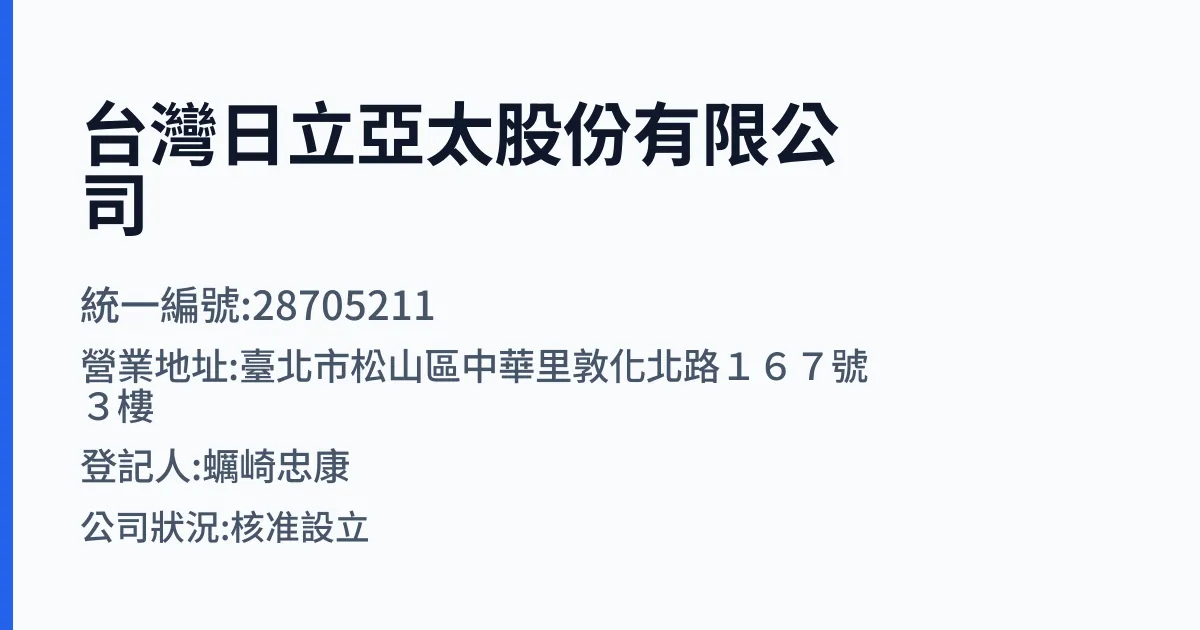 台灣日立亞太股份有限公司 - 統編 28705211(臺北市) 公司登記資料與營業項目詳細圖表