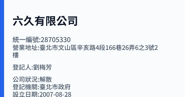 六久有限公司的照片-統編 28705330(臺北市) 公司登記資料與營業項目詳細圖表