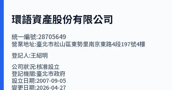 環語資產股份有限公司的照片-統編 28705649(臺北市) 公司登記資料與營業項目詳細圖表