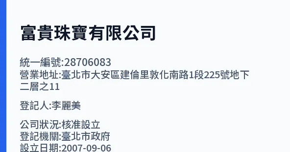 富貴珠寶有限公司的照片-統編 28706083(臺北市) 公司登記資料與營業項目詳細圖表