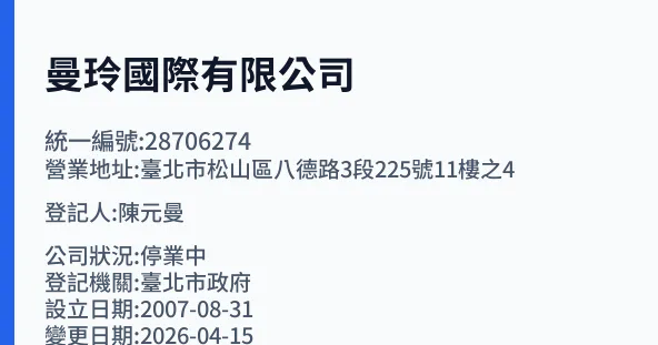 曼玲國際有限公司的照片-統編 28706274(臺北市) 公司登記資料與營業項目詳細圖表