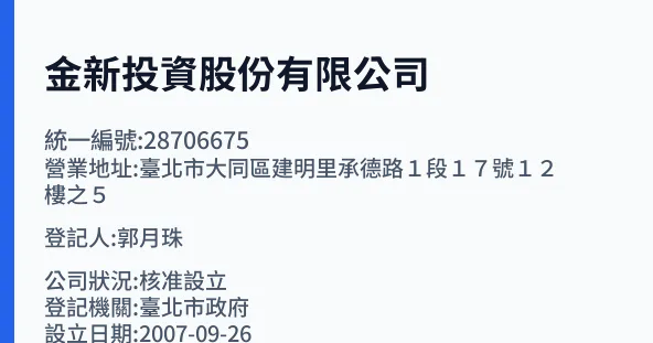 金新投資股份有限公司的照片-統編 28706675(臺北市) 公司登記資料與營業項目詳細圖表