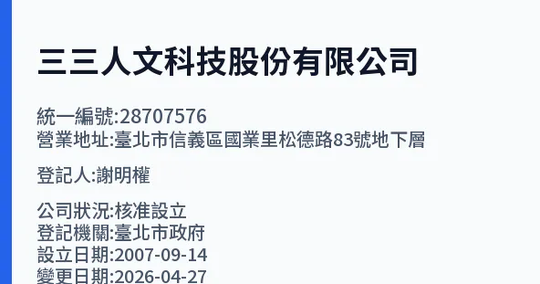 三三人文科技股份有限公司的照片-統編 28707576(臺北市) 公司登記資料與營業項目詳細圖表