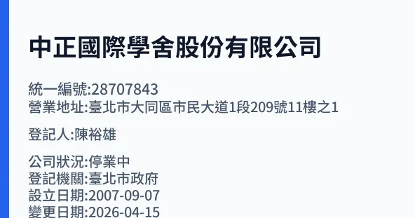 中正國際學舍股份有限公司的照片-統編 28707843(臺北市) 公司登記資料與營業項目詳細圖表