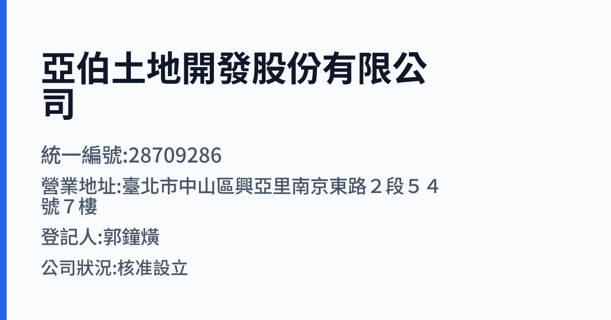 亞伯土地開發股份有限公司 - 統編 28709286(臺北市) 公司登記資料與營業項目詳細圖表