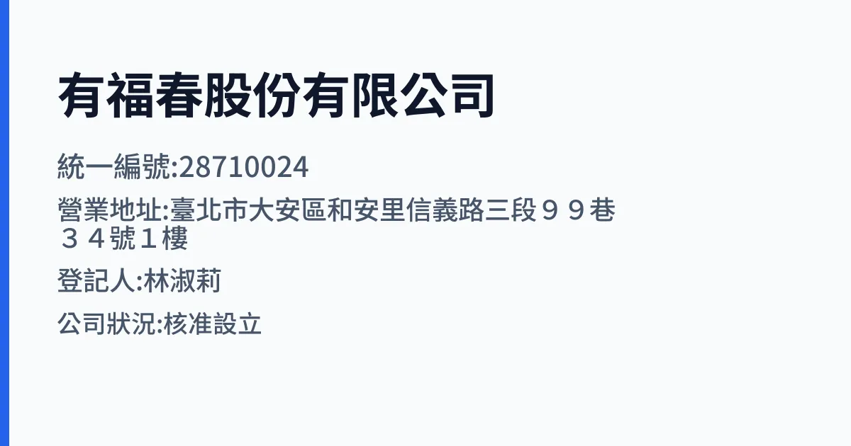 有福春股份有限公司 - 統編 28710024(臺北市) 公司登記資料與營業項目詳細圖表