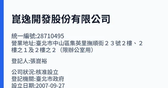 崑逸開發股份有限公司的照片-統編 28710495(臺北市) 公司登記資料與營業項目詳細圖表