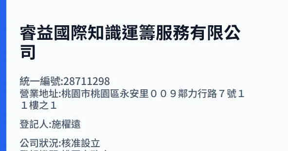 睿益國際知識運籌服務有限公司的照片-統編 28711298(桃園市) 公司登記資料與營業項目詳細圖表