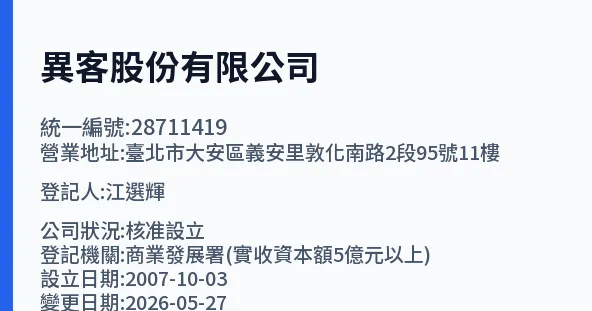 異客股份有限公司的照片-統編 28711419(臺北市) 公司登記資料與營業項目詳細圖表