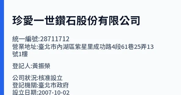 珍愛一世鑽石股份有限公司的照片-統編 28711712(臺北市) 公司登記資料與營業項目詳細圖表