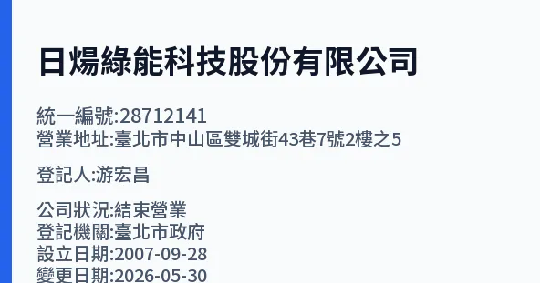 日煬綠能科技股份有限公司的照片-統編 28712141(臺北市) 公司登記資料與營業項目詳細圖表