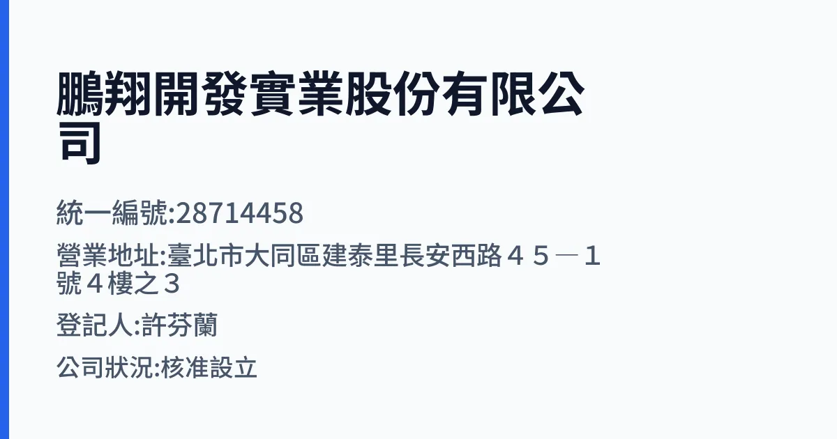 鵬翔開發實業股份有限公司 - 統編 28714458(臺北市) 公司登記資料與營業項目詳細圖表
