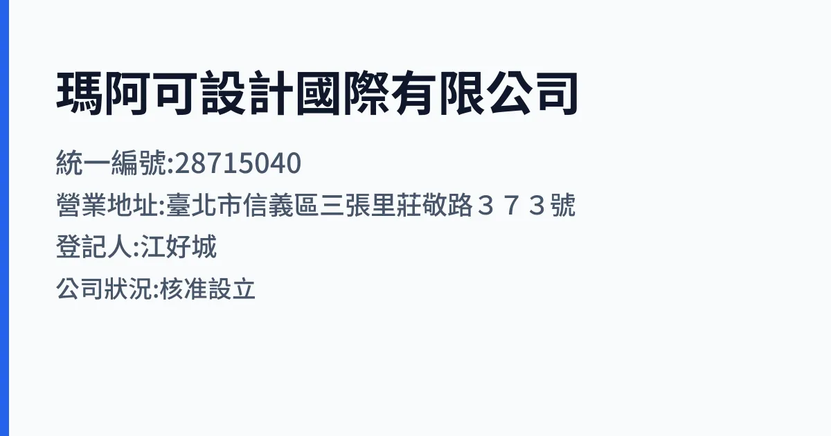 瑪阿可設計國際有限公司 - 統編 28715040(臺北市) 公司登記資料與營業項目詳細圖表