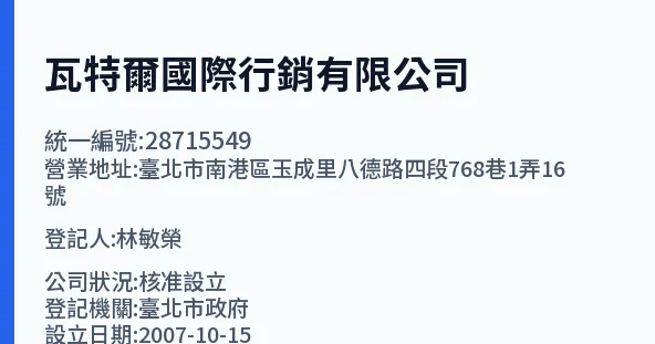 瓦特爾國際行銷有限公司的照片-統編 28715549(臺北市) 公司登記資料與營業項目詳細圖表