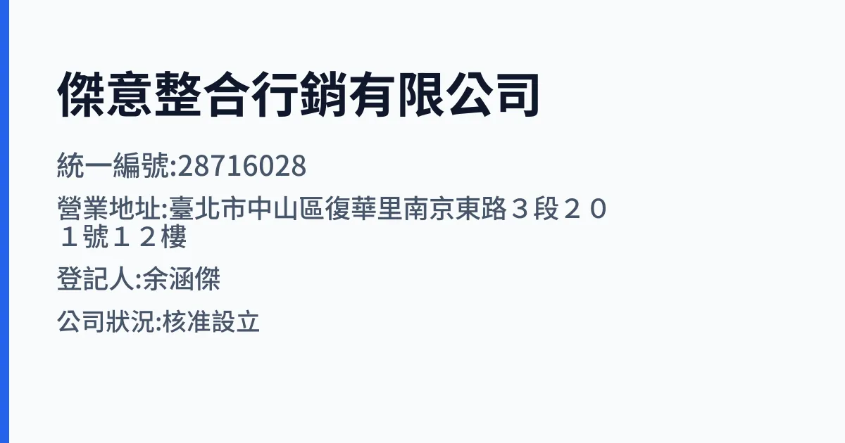 傑意整合行銷有限公司 - 統編 28716028(臺北市) 公司登記資料與營業項目詳細圖表