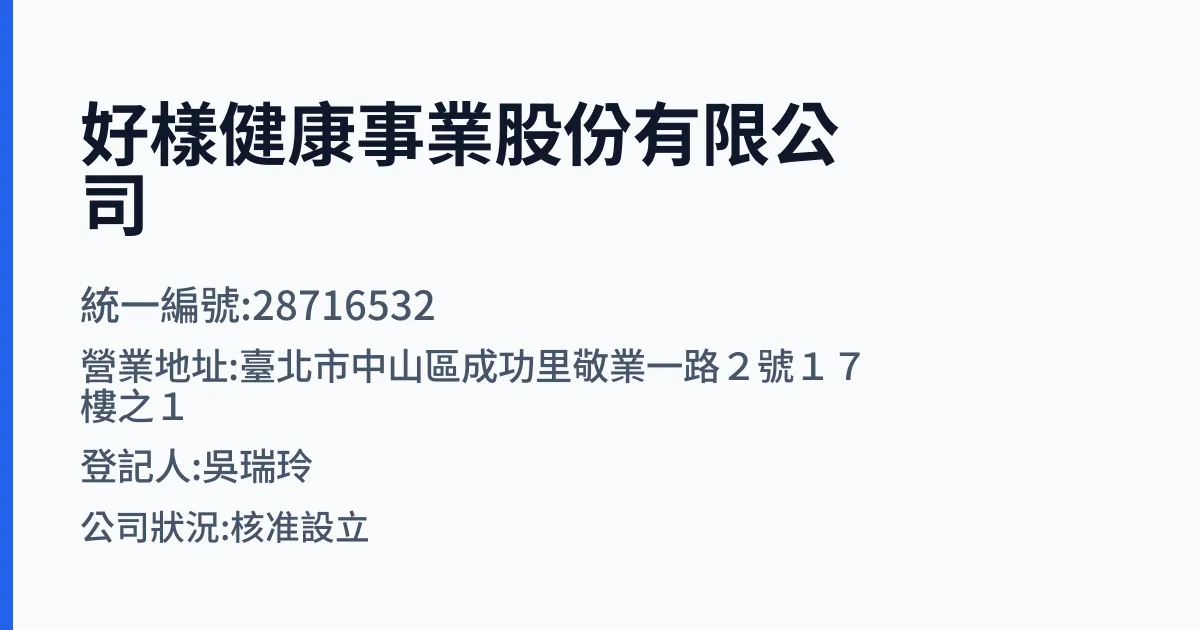 好樣健康事業股份有限公司 - 統編 28716532(臺北市) 公司登記資料與營業項目詳細圖表
