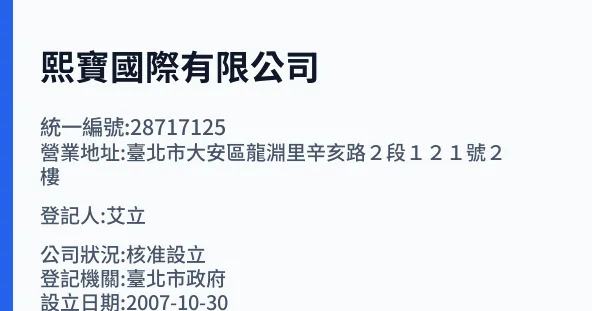 熙寶國際有限公司的照片-統編 28717125(臺北市) 公司登記資料與營業項目詳細圖表