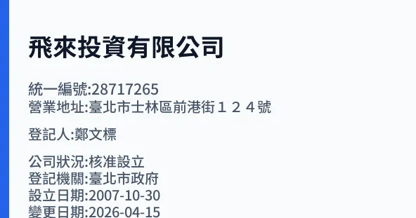 飛來投資有限公司的照片-統編 28717265(臺北市) 公司登記資料與營業項目詳細圖表