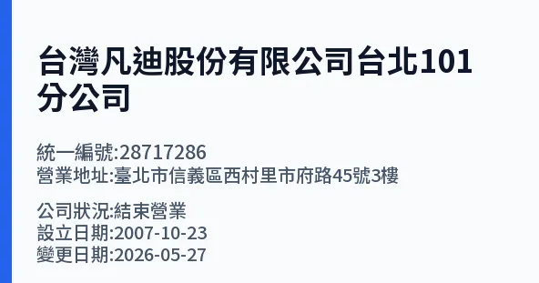台灣凡迪股份有限公司台北101分公司的照片-統編 28717286(臺北市) 公司登記資料與營業項目詳細圖表