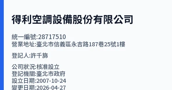 得利空調設備股份有限公司的照片-統編 28717510(臺北市) 公司登記資料與營業項目詳細圖表