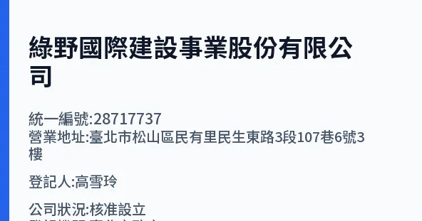 綠野國際建設事業股份有限公司的照片-統編 28717737(臺北市) 公司登記資料與營業項目詳細圖表