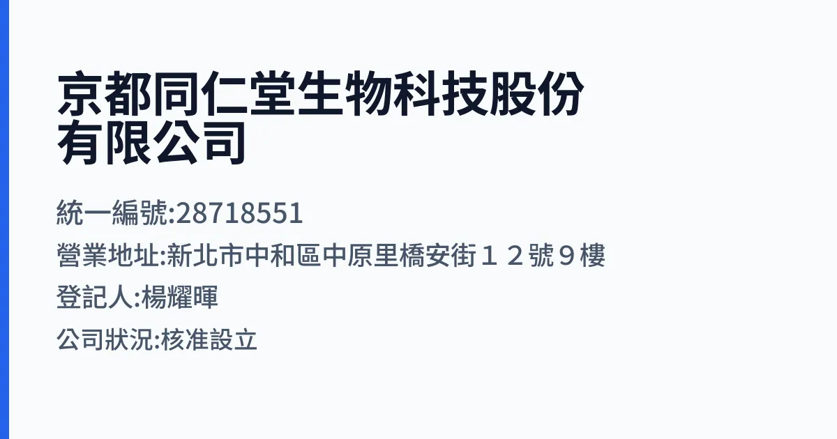 京都同仁堂生物科技股份有限公司 - 統編 28718551(新北市) 公司登記資料與營業項目詳細圖表