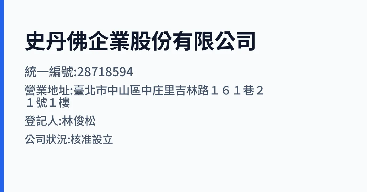 史丹佛企業股份有限公司 - 統編 28718594(臺北市) 公司登記資料與營業項目詳細圖表