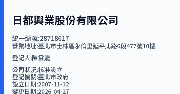 日都興業股份有限公司的照片-統編 28718617(臺北市) 公司登記資料與營業項目詳細圖表