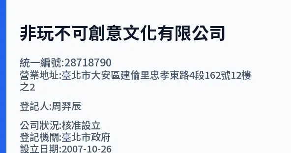 非玩不可創意文化有限公司的照片-統編 28718790(臺北市) 公司登記資料與營業項目詳細圖表