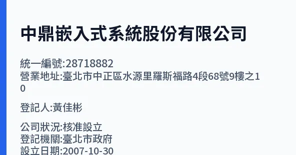 中鼎嵌入式系統股份有限公司的照片-統編 28718882(臺北市) 公司登記資料與營業項目詳細圖表